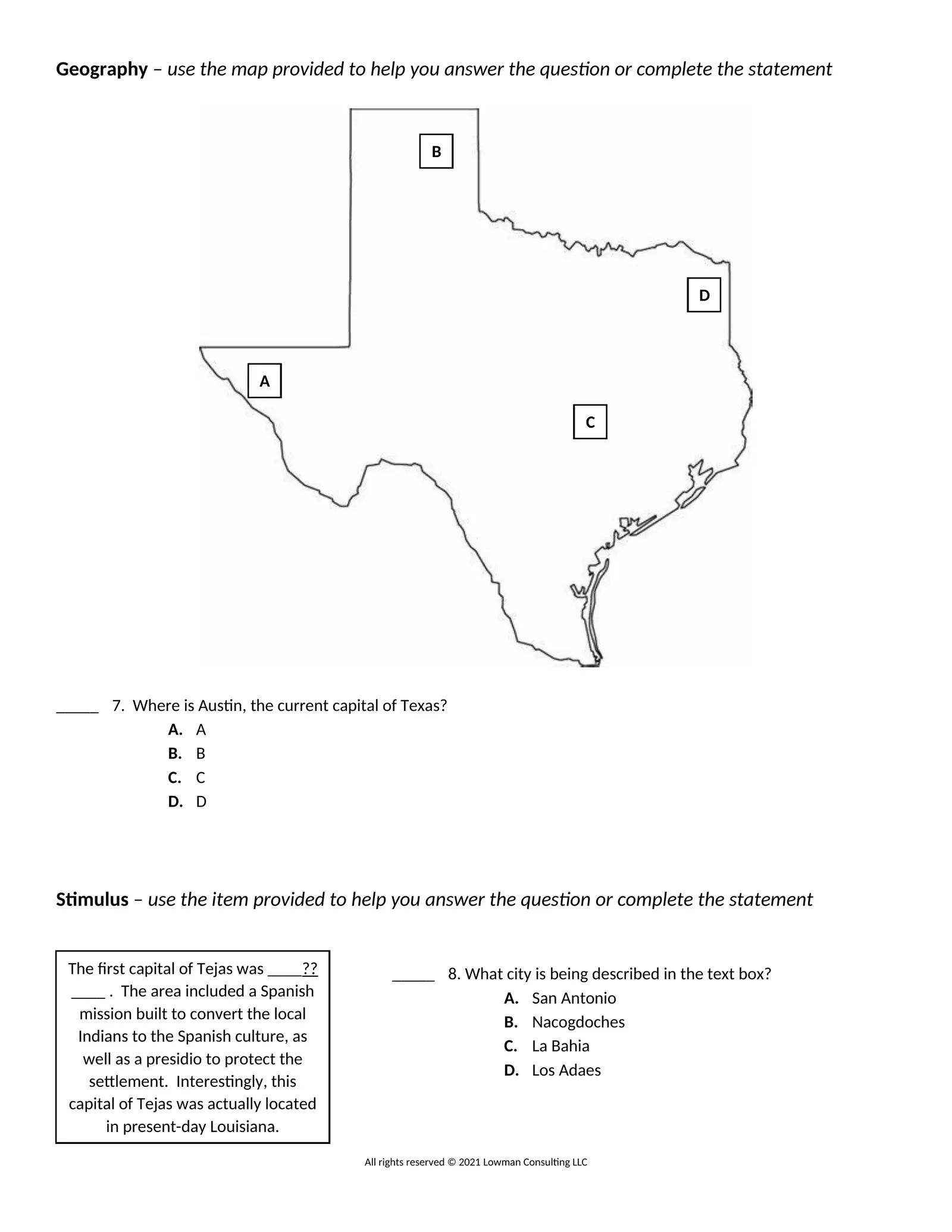 Texas Regions Worksheets United States US 50 States And Capitals Quiz