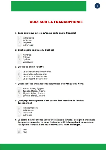 LA FRANCOPHONIE QUIZ Interactive Worksheet – Edform