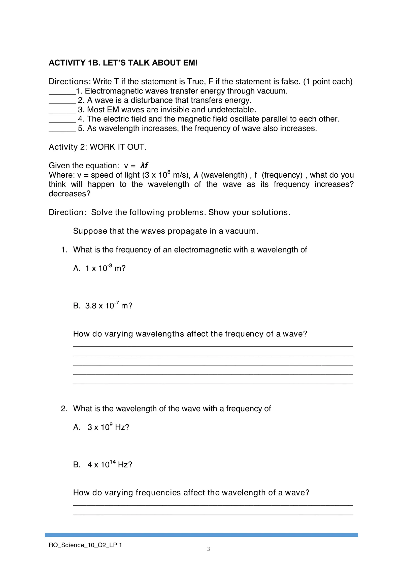 Wavelength And Frequency Worksheet Calculate The Wavelengths And