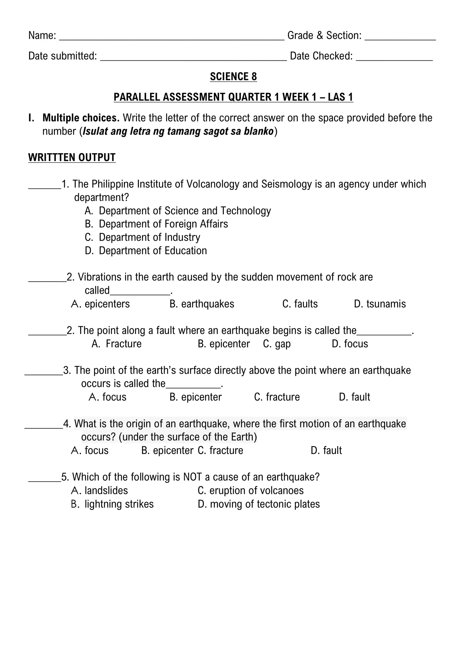 Earthquake Worksheets For First Grade Earthquake PowerPoint
