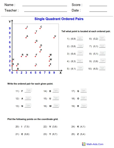 Ordered Pairs Worksheet