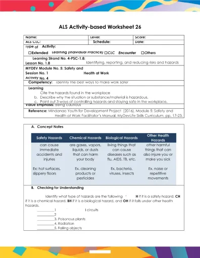 26 Work Hazards LW Interactive Worksheet – Edform