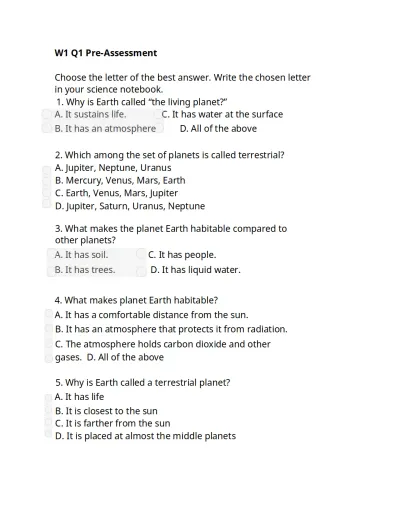 Pre Assessment Earth and Life Science Interactive Worksheet – Edform
