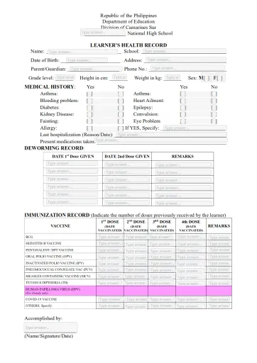 UPDATED Learners Health Record Template (1) Interactive Worksheet – Edform