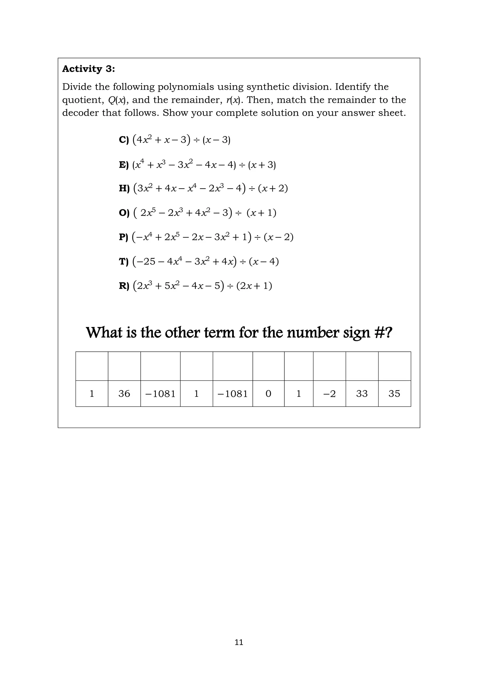 Synthetic Division Worksheet With Answers Teaching Polynomial