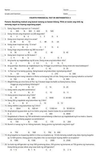 FOURTH PERIODICAL TEST IN MATHEMATICS 3 Interactive Worksheet – Edform