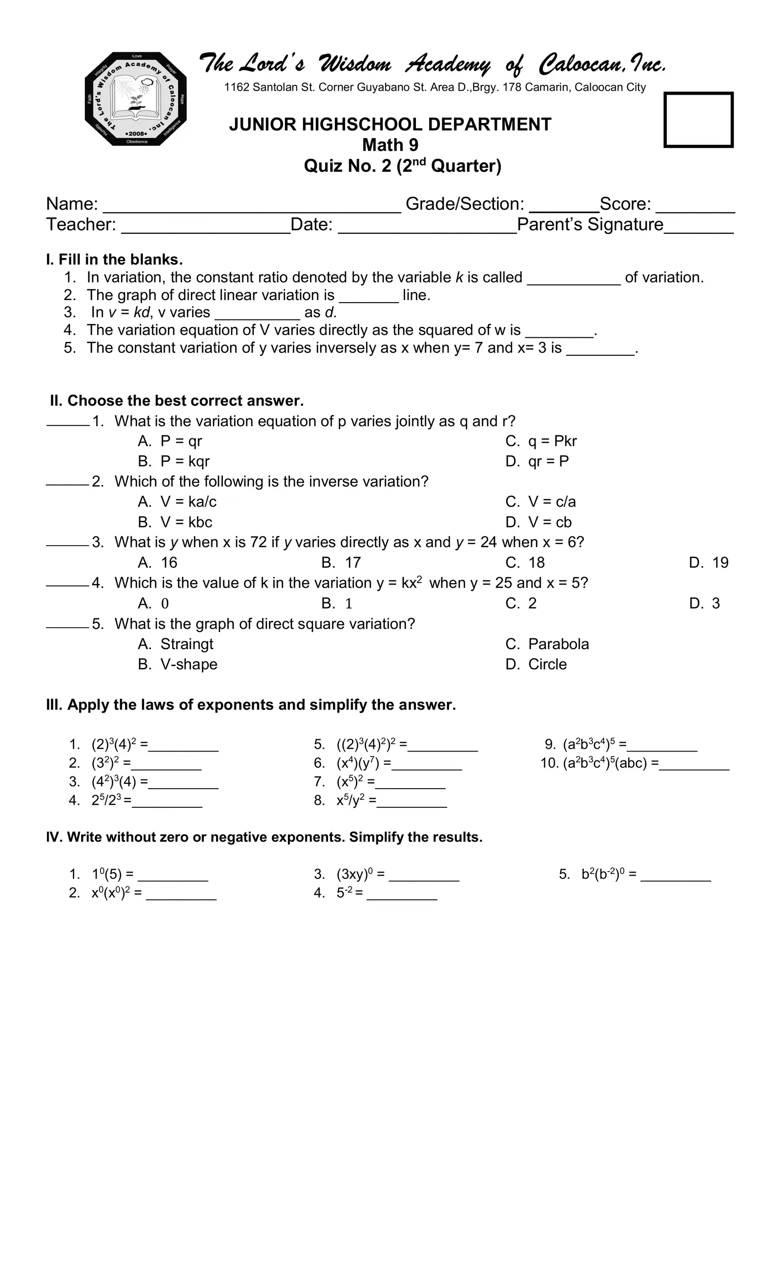 Qui2 q2 math9 Interactive Worksheet – Edform
