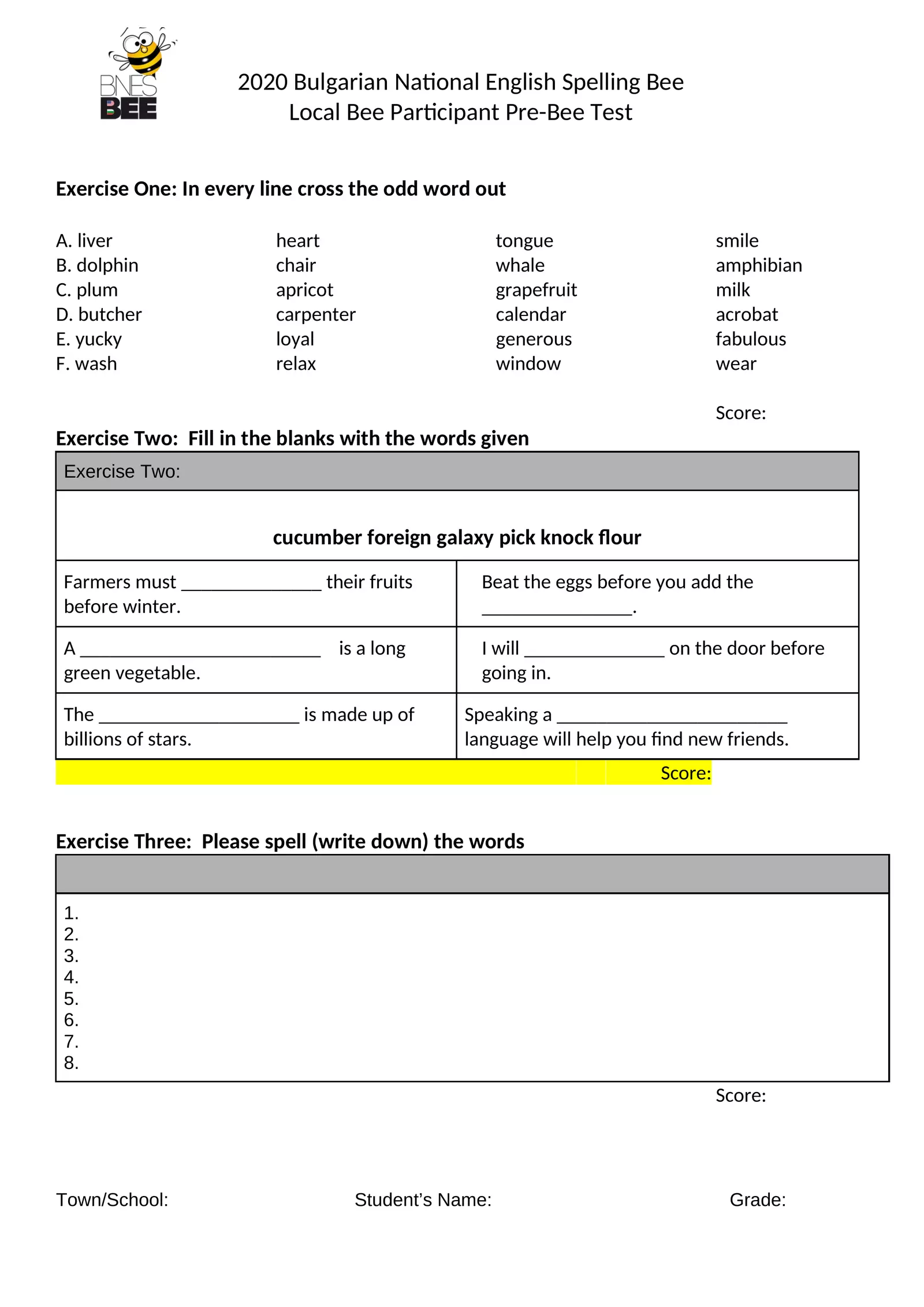 2020 Spelling Bee pre test Interactive Worksheet – Edform