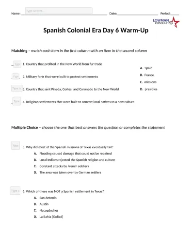 Worksheets Spanish Missions In Texas