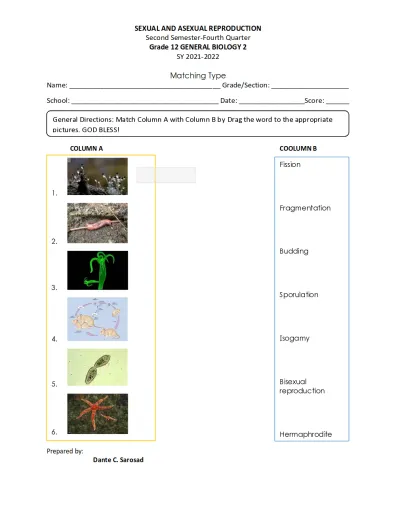 Matching Type_Sexual and Asexual Reproduction Interactive Worksheet ...