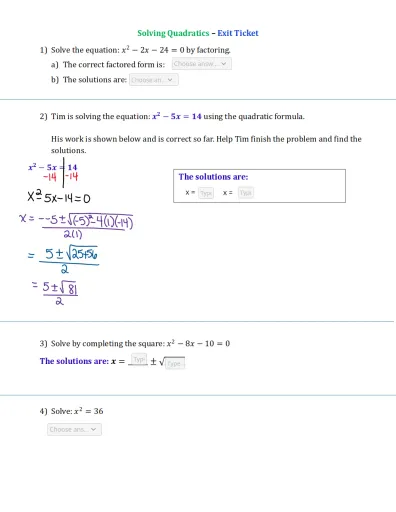 Solving Quadratics Exit Ticket Interactive Worksheet – Edform