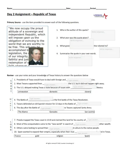 Texas Independence Worksheet Day 2. Warm Up. Republic Of Texas. Social