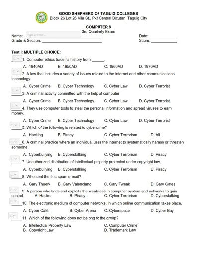 COMPUTER 8 THIRD QUARTER MONTHLY TEST Interactive Worksheet – Edform