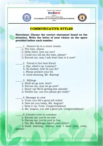 COMMUNICATIVE STYLES QUIZ Interactive Worksheet – Edform