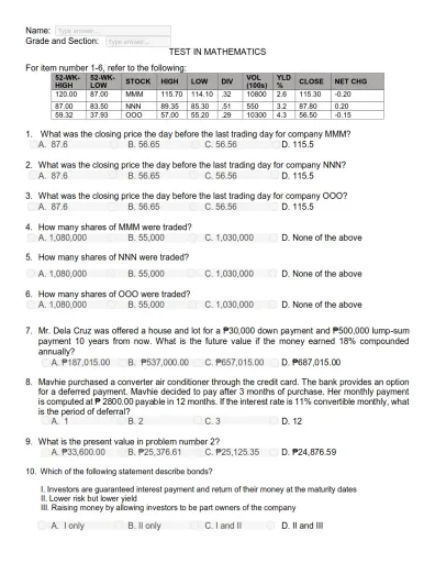 TEST IN MATHEMATICS - Post Test Interactive Worksheet – Edform