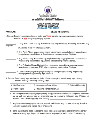 Q3 ARAL PAN WRITTEN TEST NO. 1 Interactive Worksheet – Edform