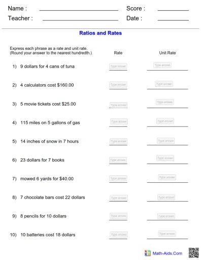 Unit Rate 7th Grade Worksheets