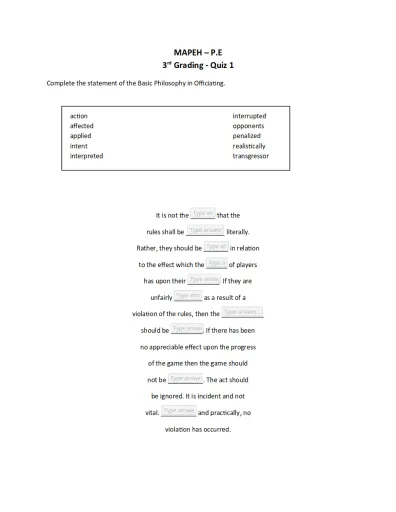 MAPEH 9 Quiz 1 (P.E 3rd Grading) Interactive Worksheet – Edform