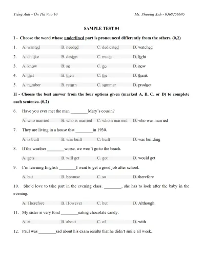 SAMPLE TEST 04 - Grade 9 Interactive Worksheet – Edform