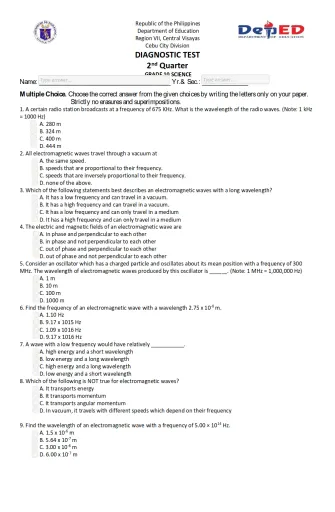 Second Quarter Diagnostic Test Interactive Worksheet Edform 0496