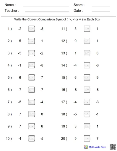 Greater/Less Than integers (3) Interactive Worksheet – Edform