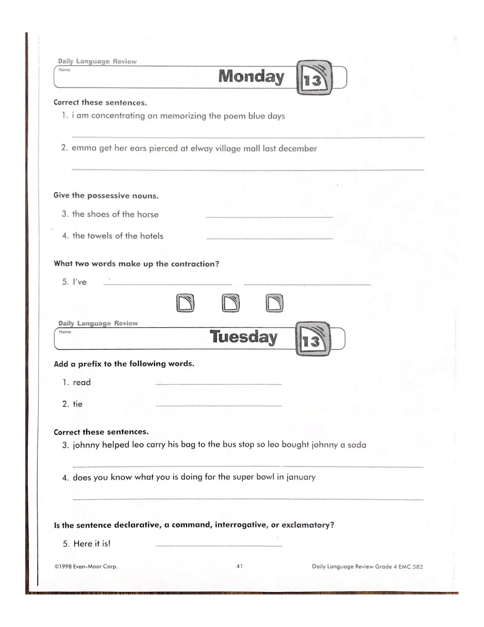 Daily Language Review Grade 3 Worksheets Daily Language Review, Grade