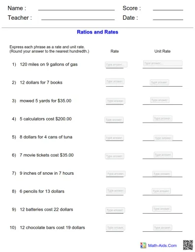 Unit Cost Worksheet Finding Unit Rate