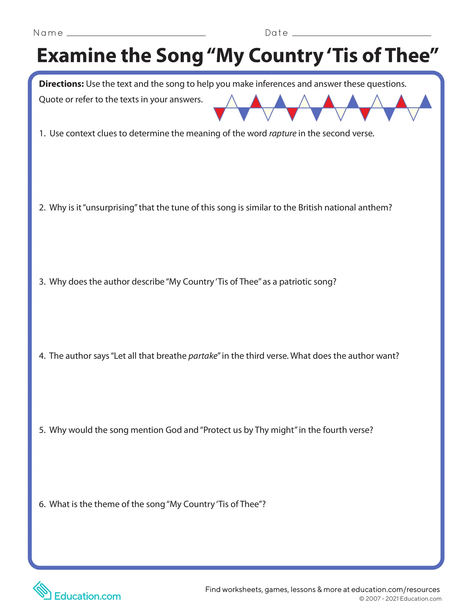 National Anthem Worksheets