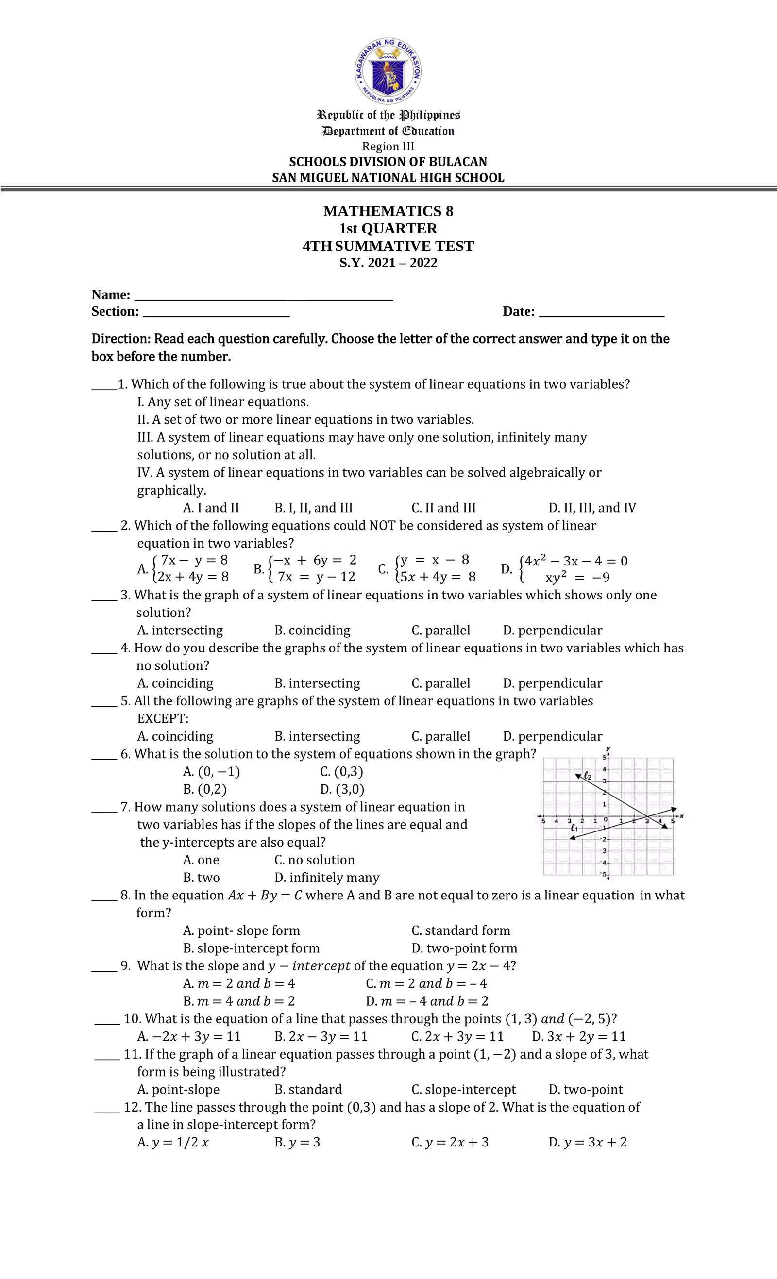 District 4th Quarter 1st Summative Test In Math PDF