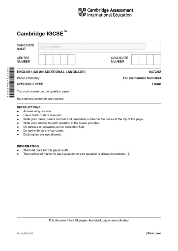 English 610325 2023 specimen paper 2 Interactive Worksheet – Edform