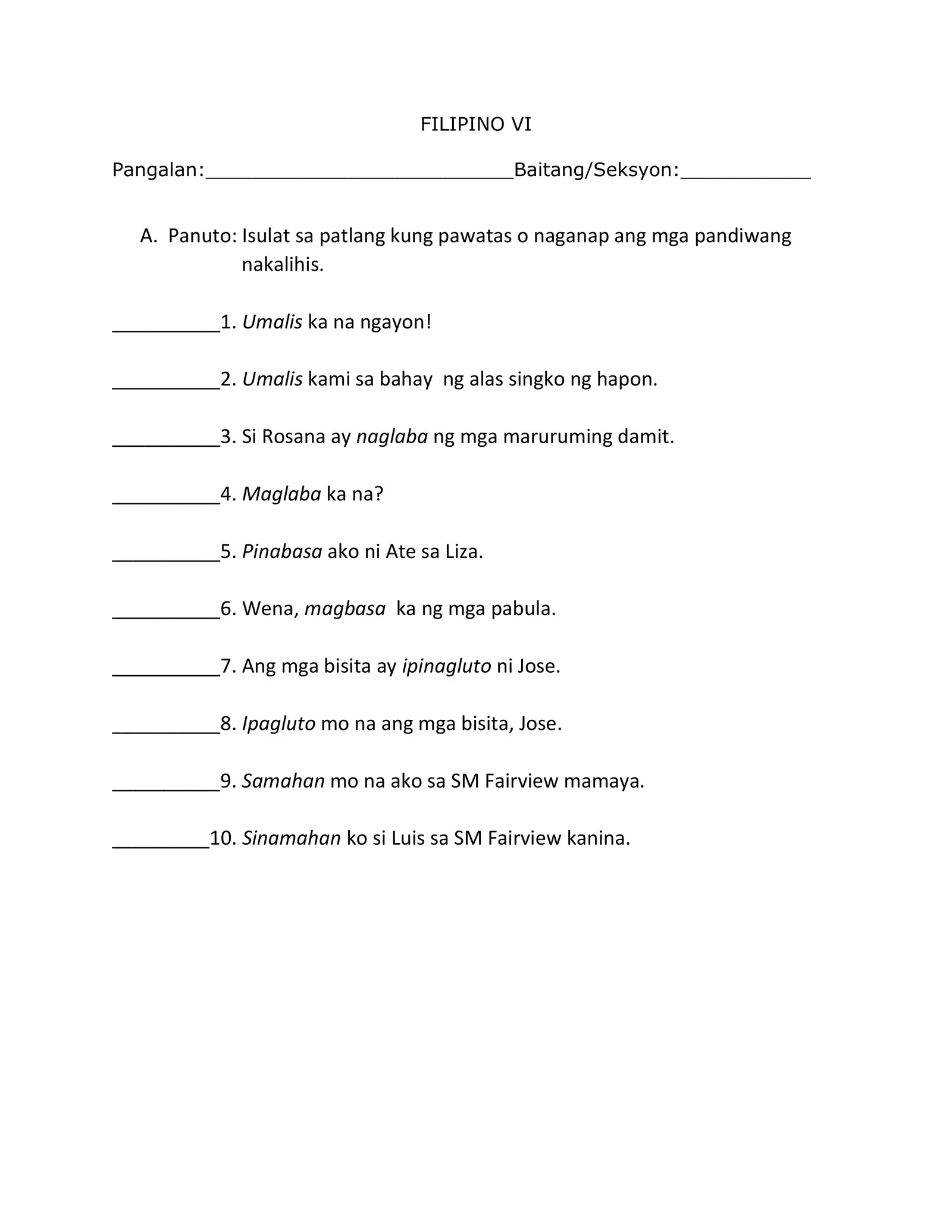 Pandiwa Worksheet For Grade 1