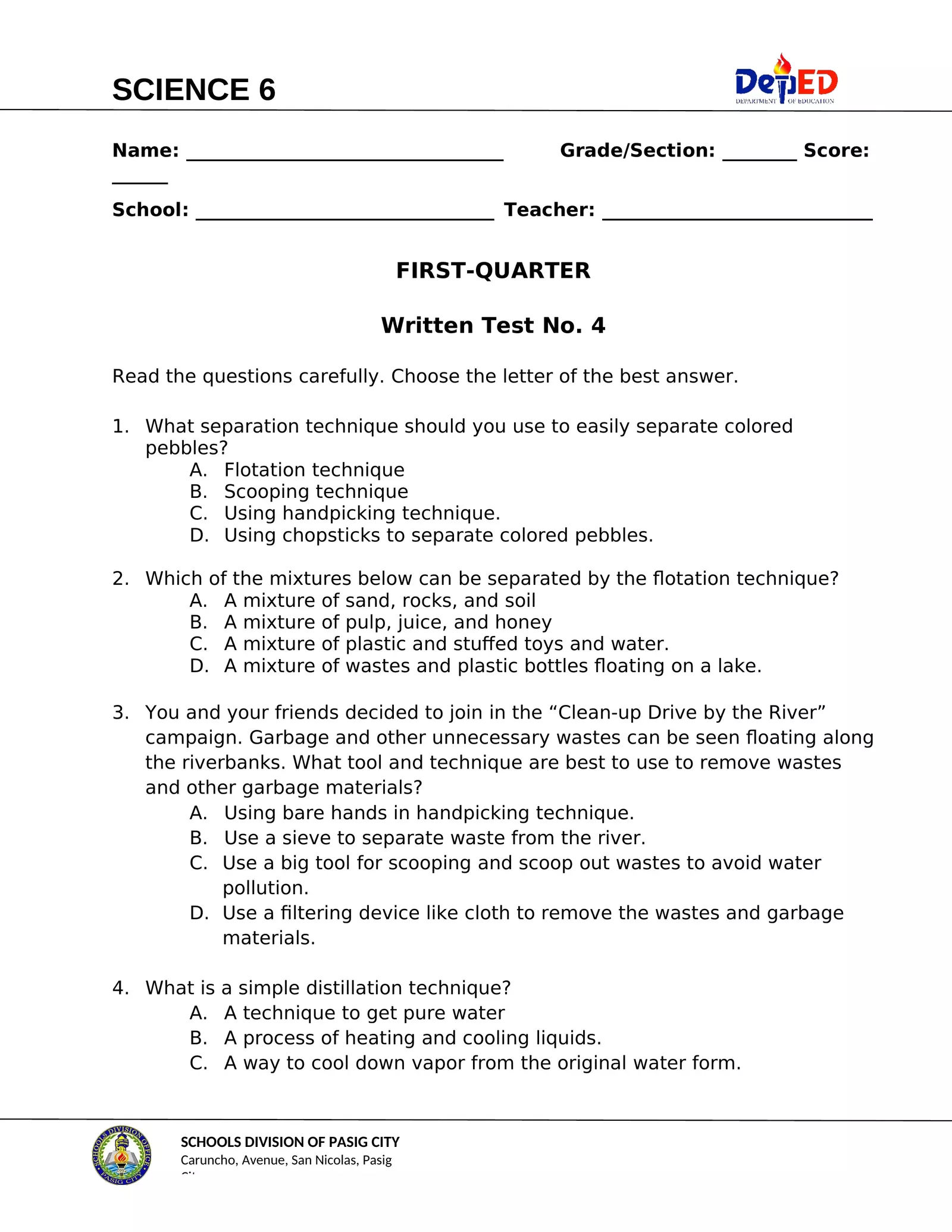 Separating Mixtures Worksheet SCIENCE Written Test4 GRADE SIX