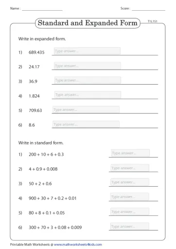 Expanded Form Worksheets 4th Grade