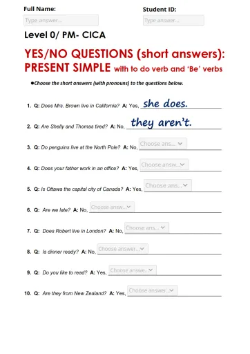 Short Answer with Verb (to be, do) Interactive Worksheet – Edform