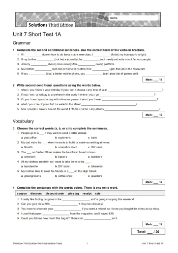 Sol3e preint u7 short test 1a Interactive Worksheet – Edform