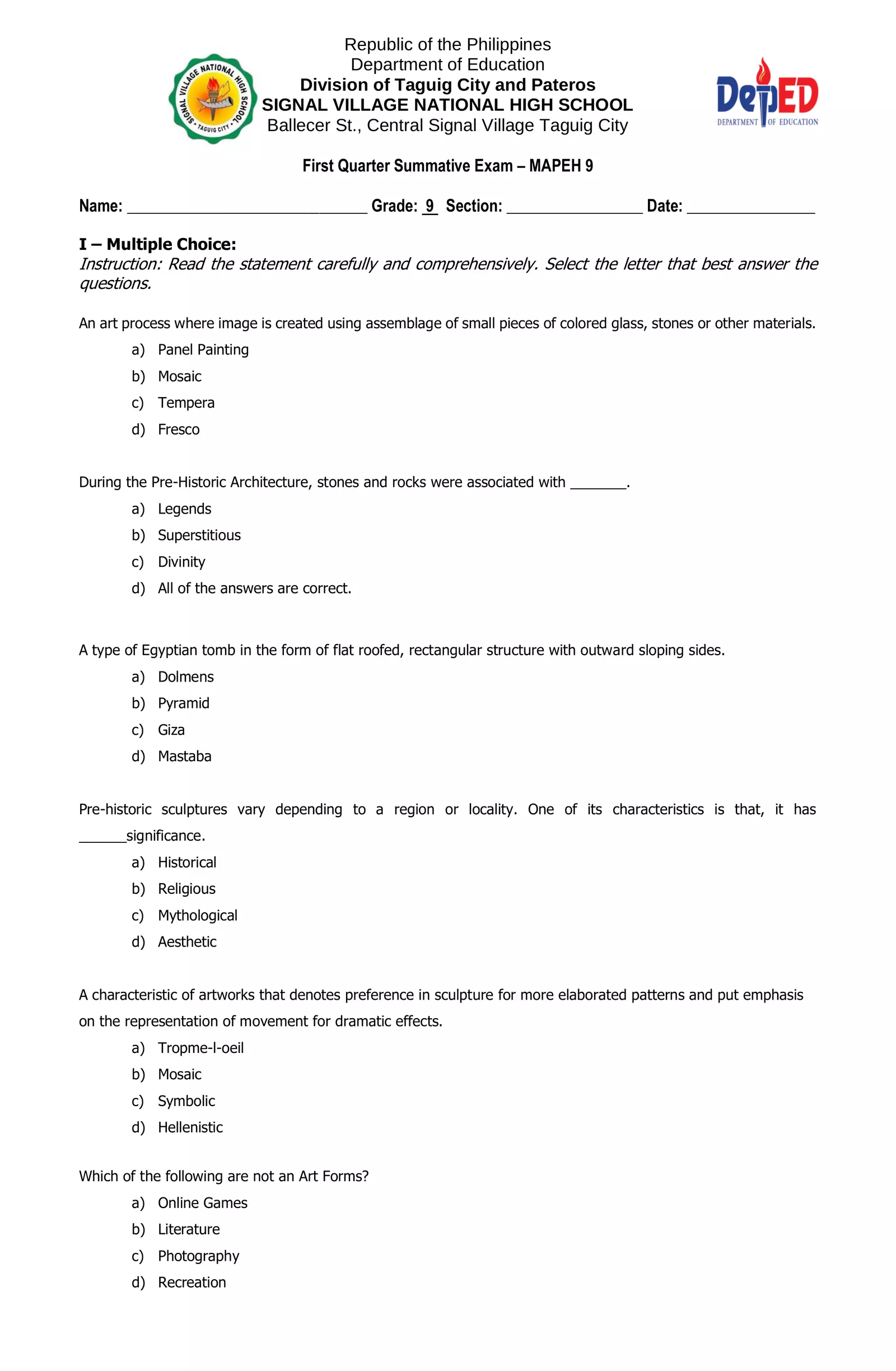 Summative Test 2 Quarter 1 Mapeh Interactive Worksheet Edform Porn