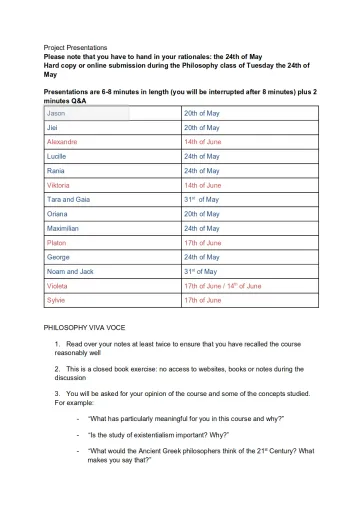 YEAR 11 PHILOSOPHY PROJECT PRESENTATIONS VIVAS SCHEDULE FOR THE END OF ...