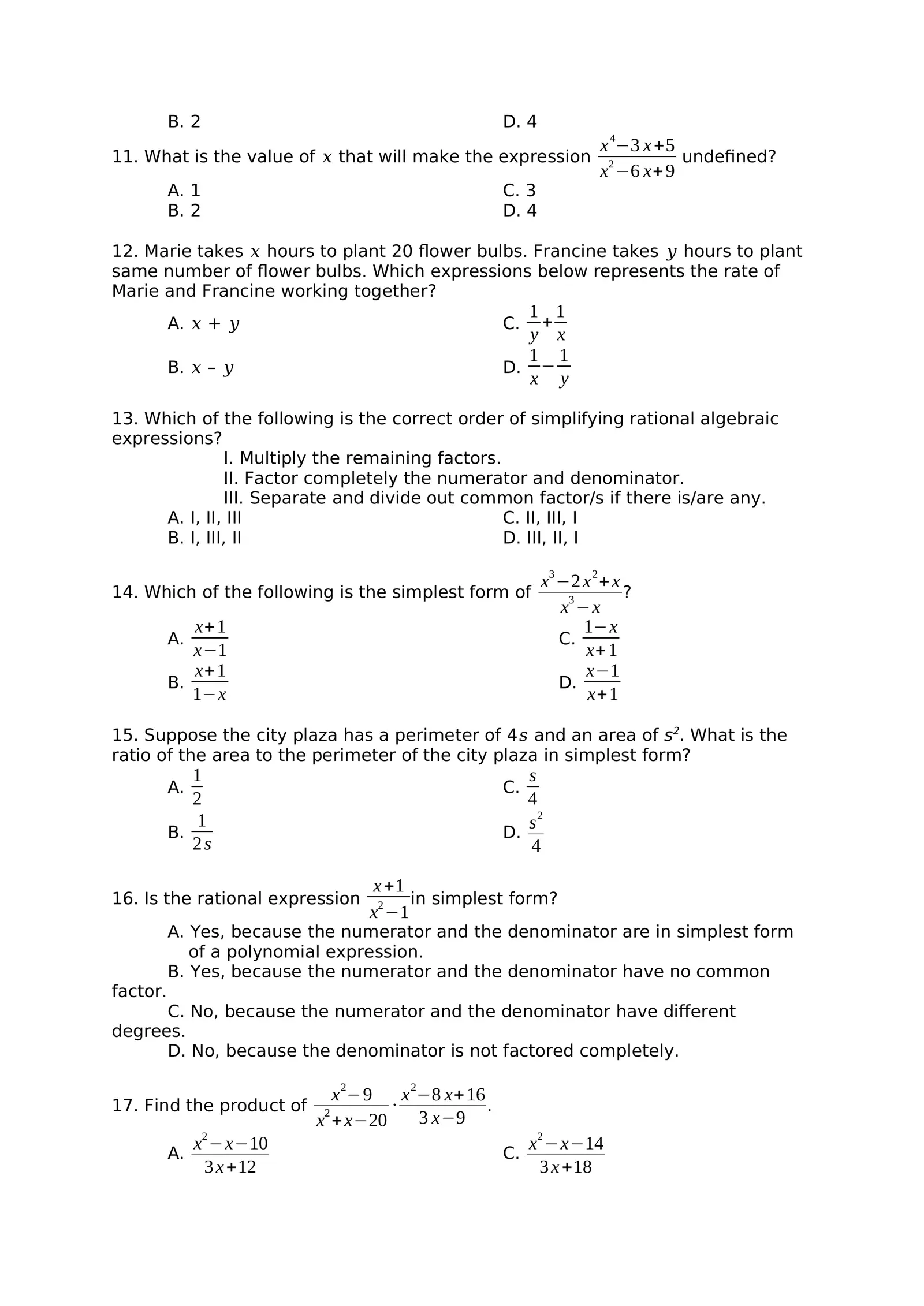 Rational Algebraic Expressions Worksheets With Answers Week 15 Adding