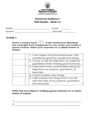 Homeroom Guidance 1 Q3 Activity Sheets Week 5 6 Interactive Worksheet ...