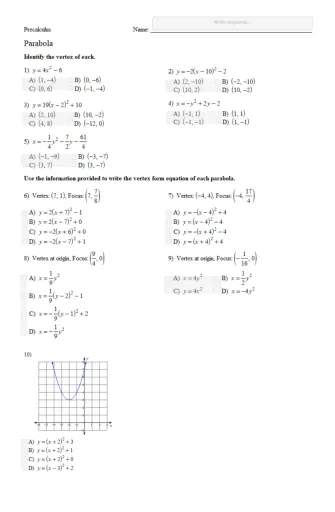 Precalculus Worksheet: Parabola 1 Interactive Worksheet – Edform