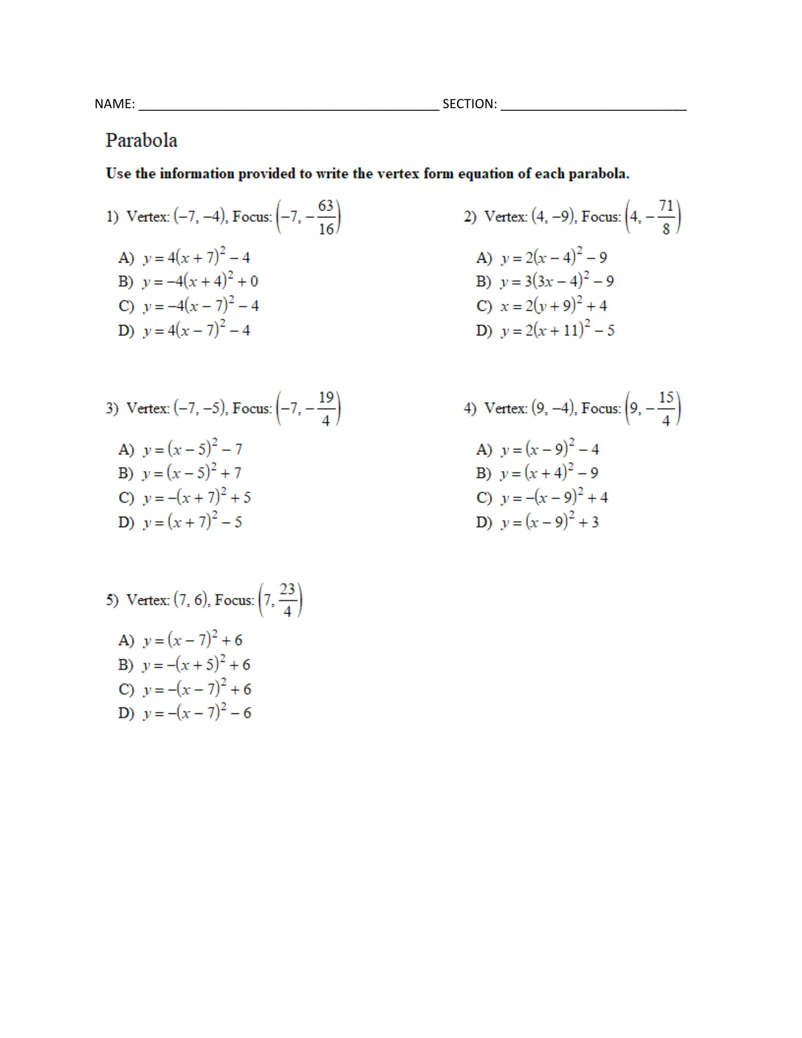 PARABOLA Interactive Worksheet – Edform