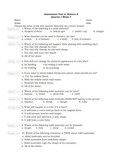 4th Grade Science Assessment Test