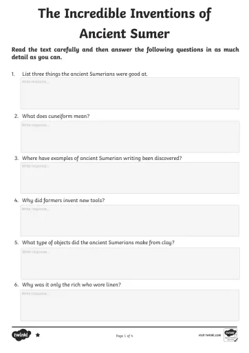 Sumerian Inventions Worksheet