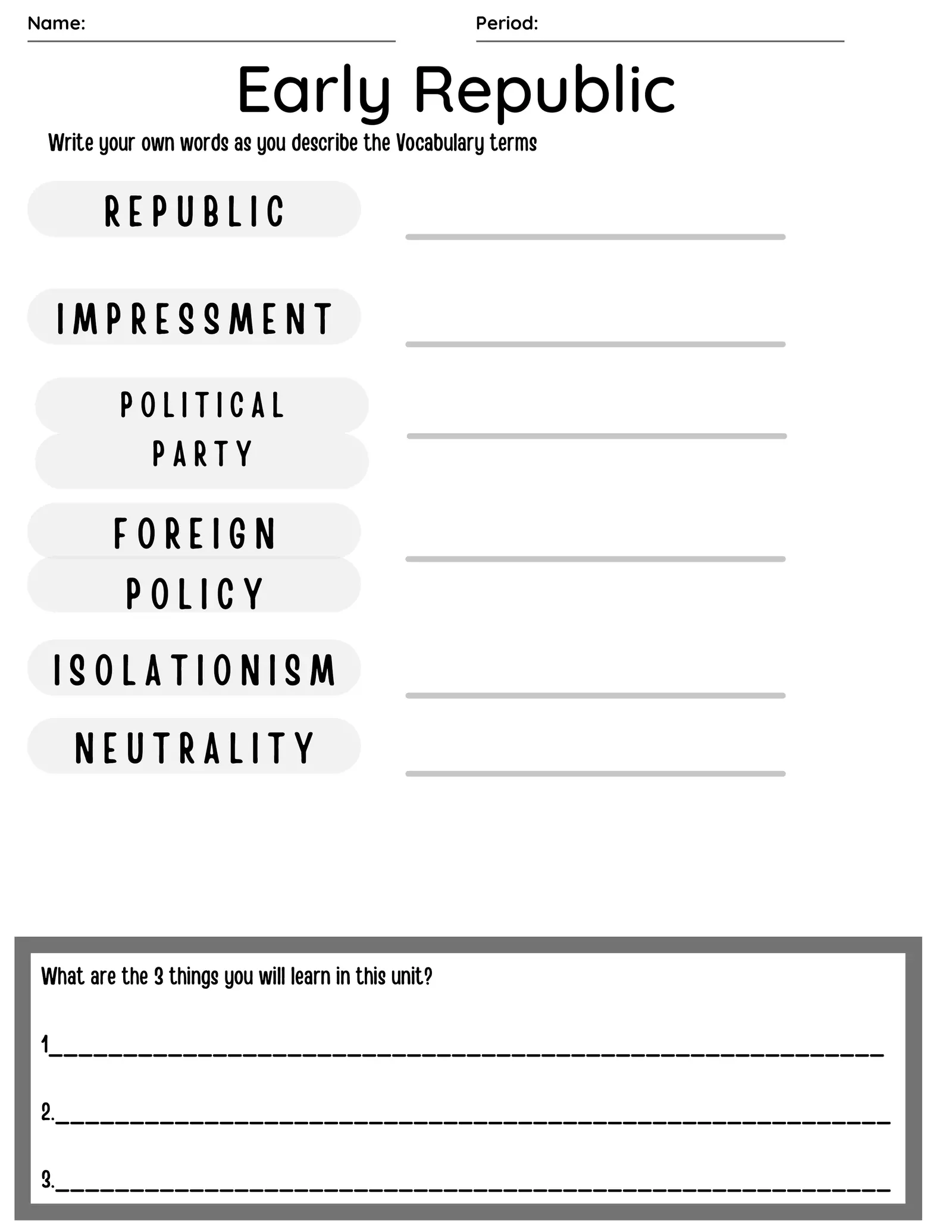 early republic Vocab and Thinking question Interactive Worksheet – Edform