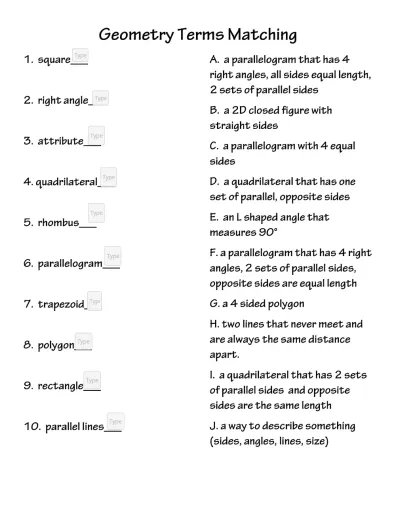 Geometry Vocabulary Worksheet Matching