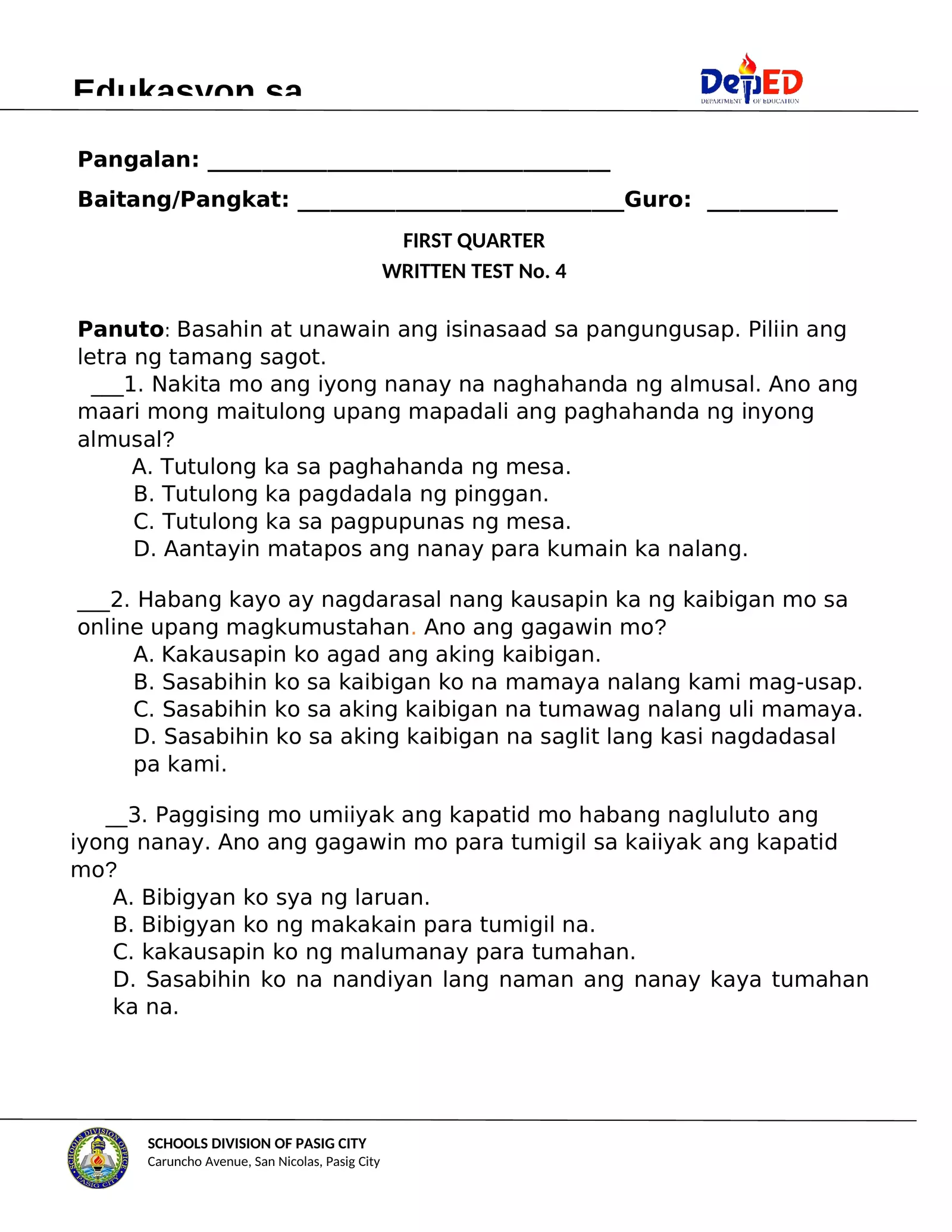 Edukasyon Sa Pagpapakatao Esp Fourth Summative Test G - vrogue.co