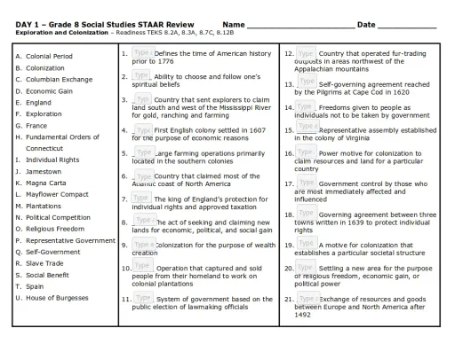 8th Grade Social Studies Staar Worksheets Day 1 Grade 8 Social Studies