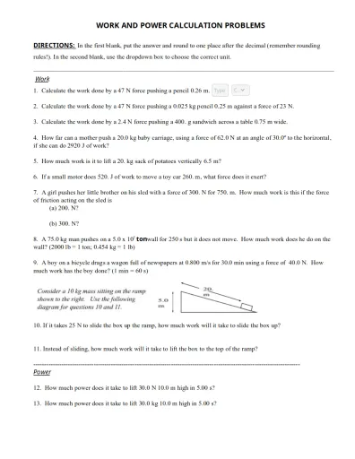 Work and Power Calculation Problems Interactive Worksheet – Edform