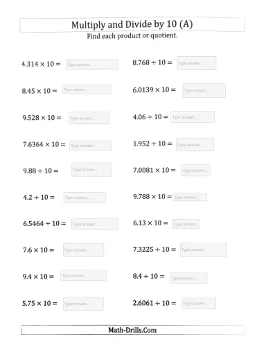 Multiplying and Dividing Decimals by 10 Interactive Worksheet – Edform