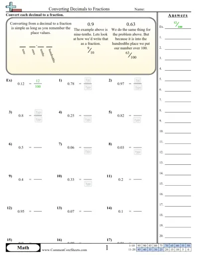 Turning Decimals Into Fractions Worksheets 7171553 | Convert Decimals